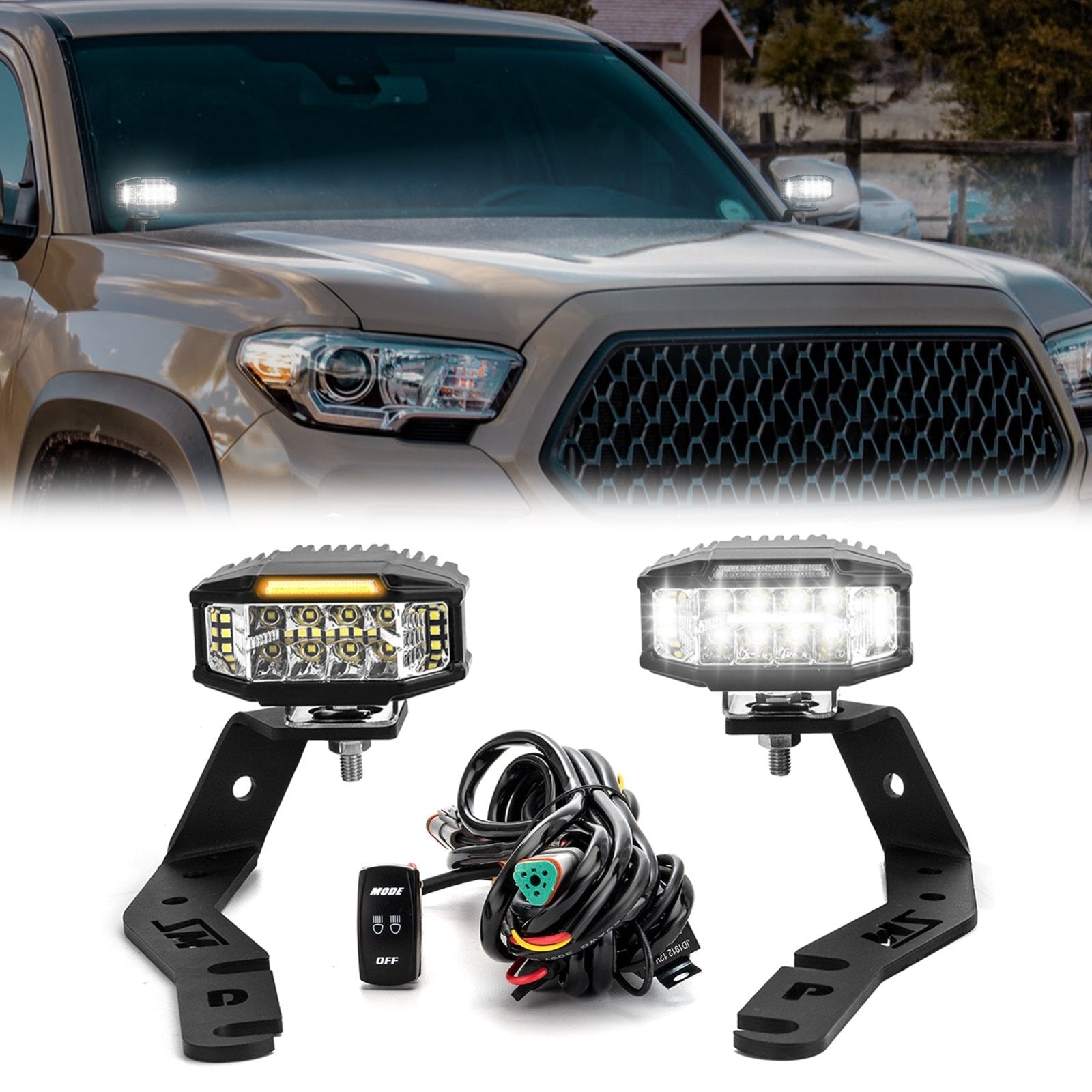 2016-2023 Toyota Tacoma White&Amber Strobe 3.5 Inch LED Hood Hinge Dit ...