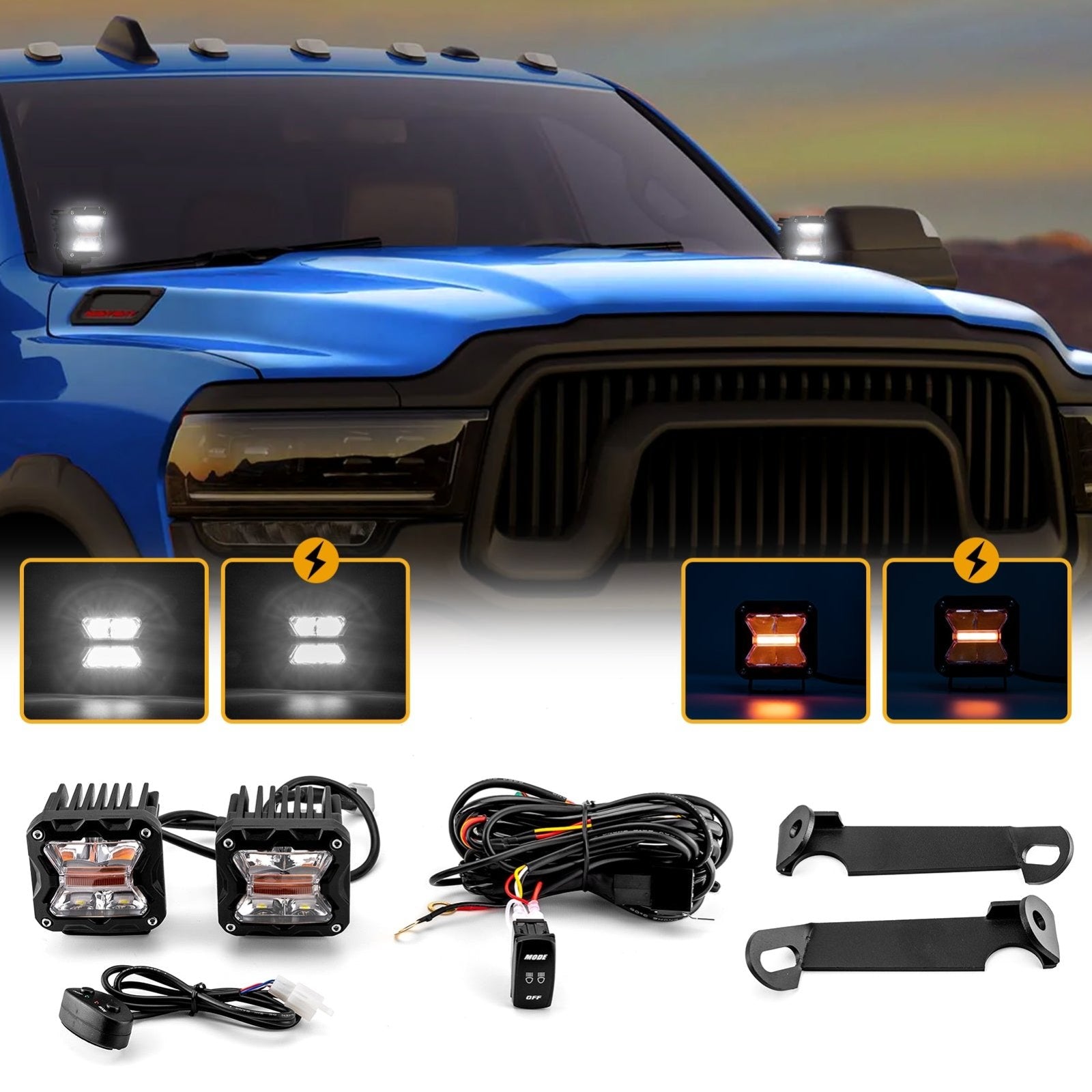 2019-2024 Dodge Ram 2500/3500 Hood Hinge 3" White & Amber Strobe LED D ...