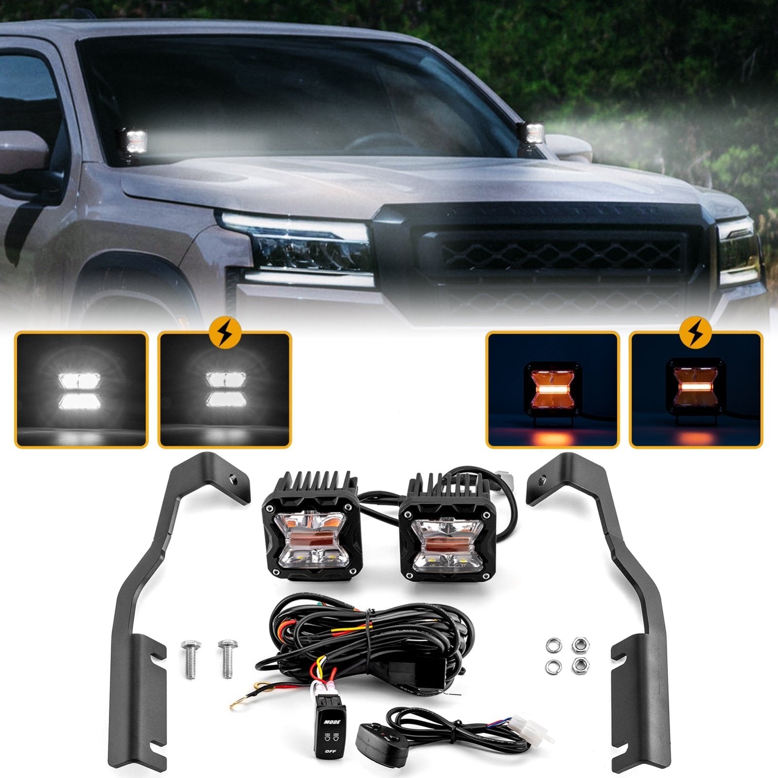 2022-2024 2WD/4WD Nissan Frontier Hood Hinge 3" White & Amber Strobe L ...