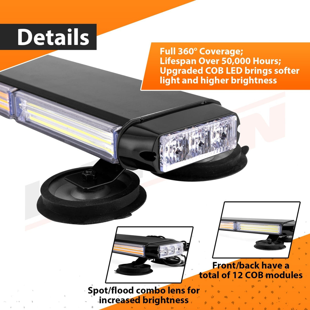 38.5" Roof Top Emergency COB LED Strobe Light Bar Double Side-Amber/Wh ...