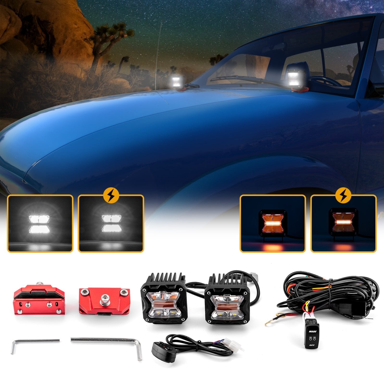 Universal for Ford Toyota Jeep Hood Hinge 3" White & Amber Strobe LED ...