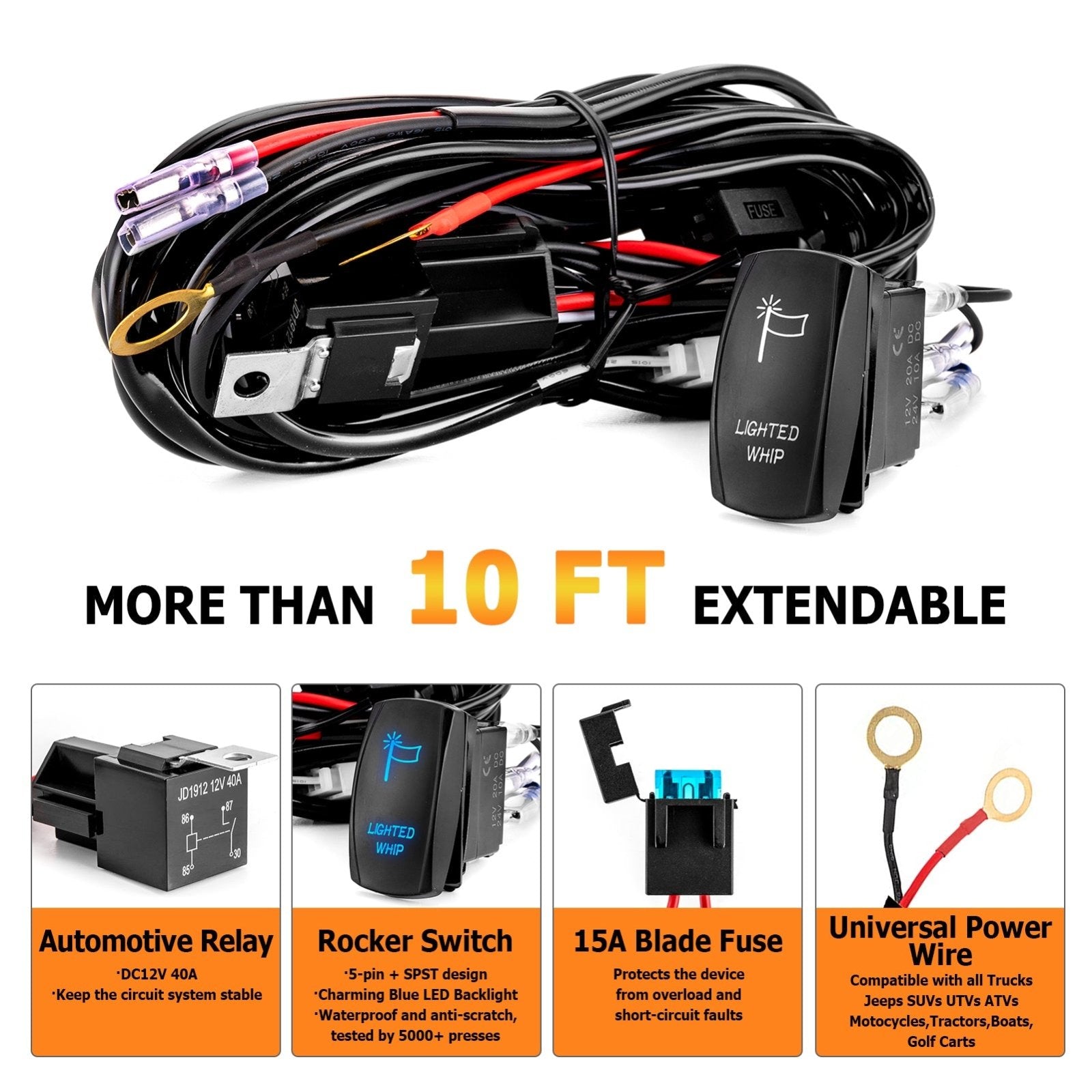 10FT Universal Off Road Whip Light Wiring Harness Kit for UTV ATV Jeep ...